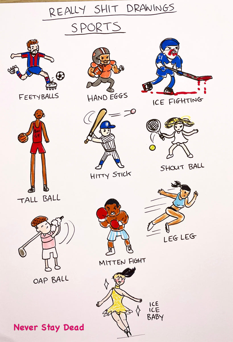 Original ‘Really Bad Drawings: Sports’ Doodle Sheet – Never Stay Dead