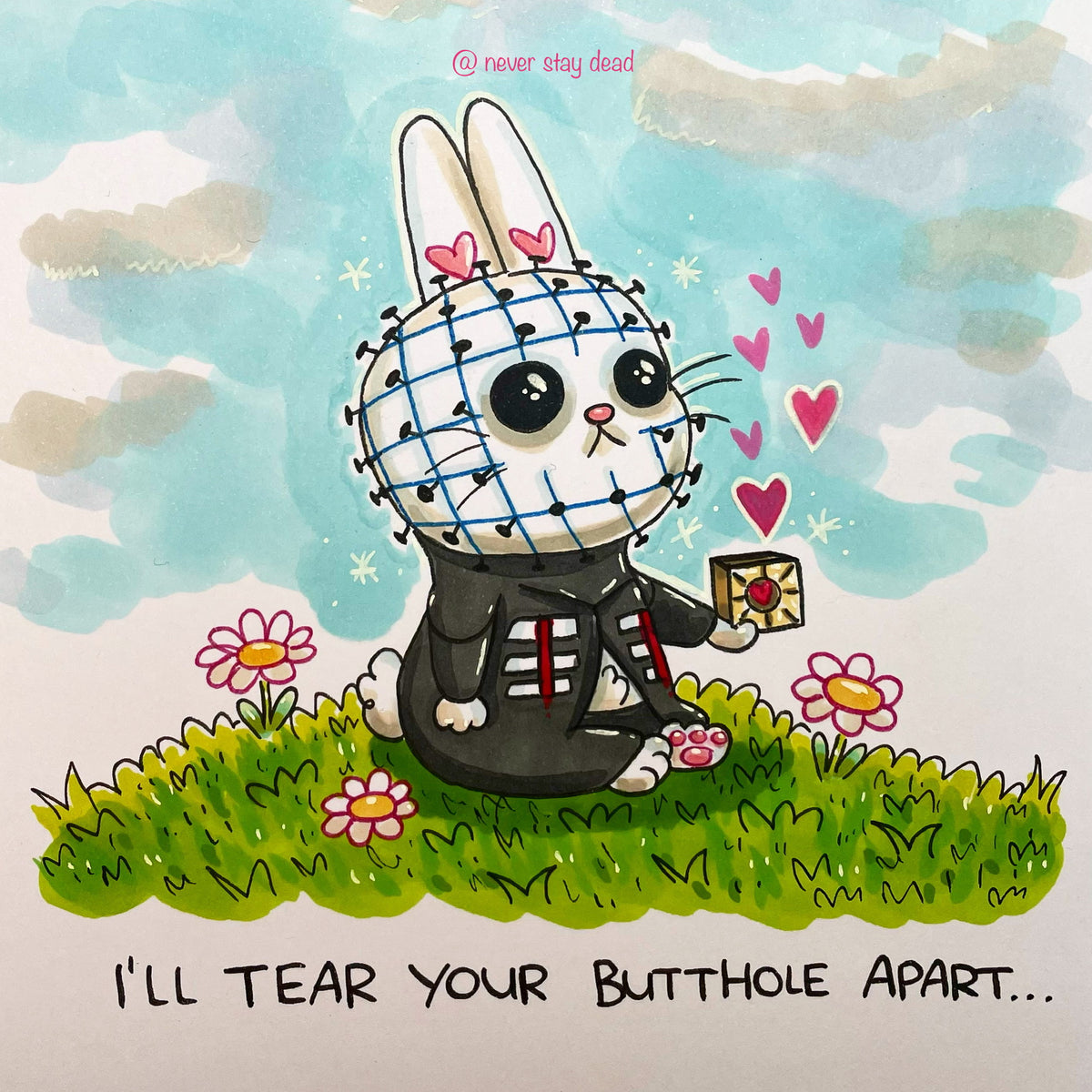 Mini Original ‘Pinhead Bunny’ Drawing (A5) – Never Stay Dead