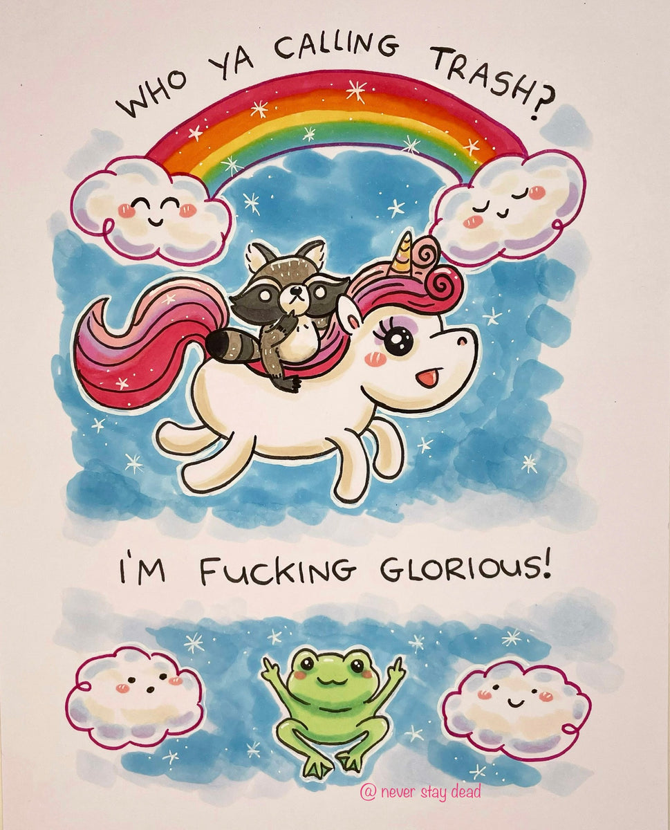 Mini Original ‘Raccoon Riding A Unicorn’ Drawing (A5) – Never Stay Dead