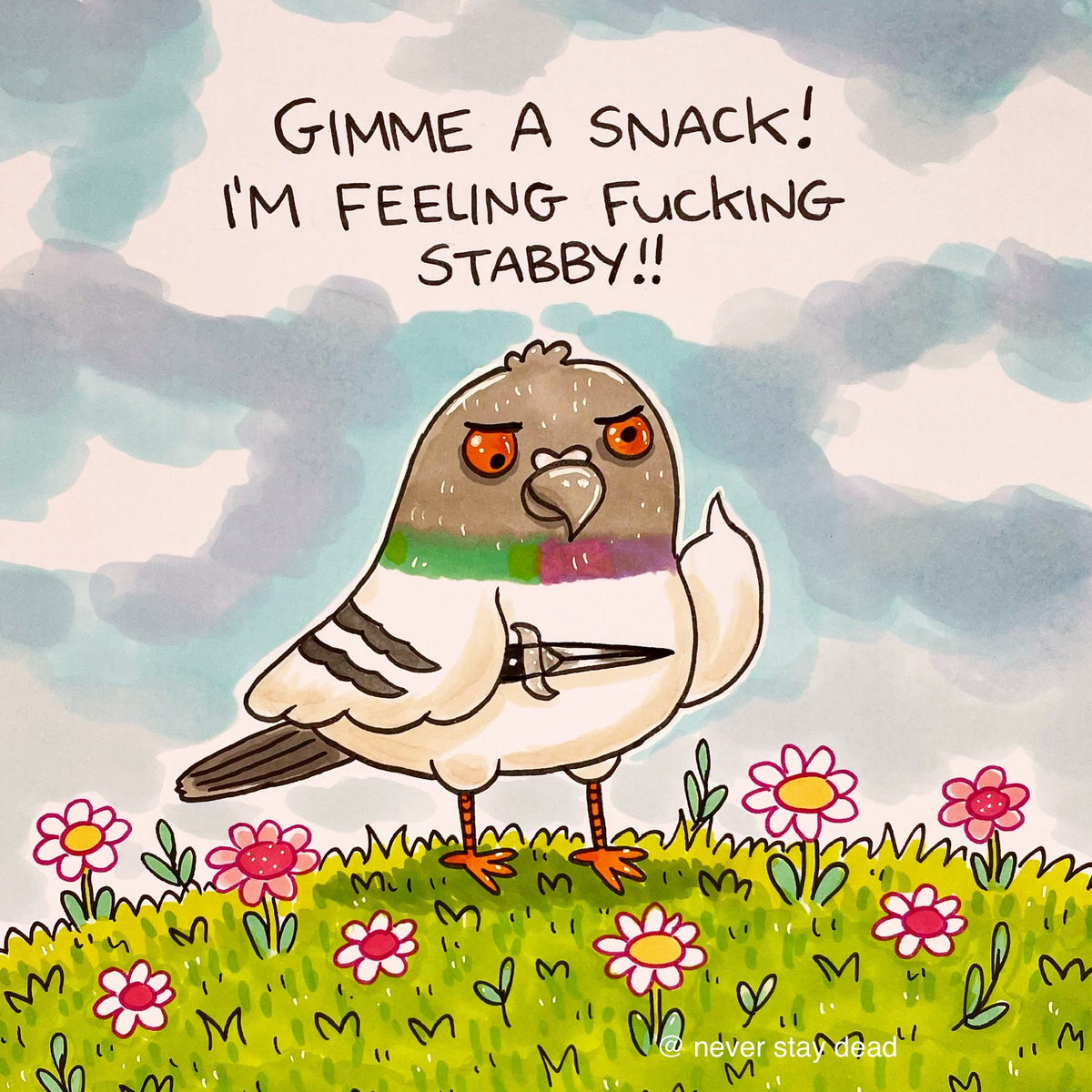 Mini Original ‘Stabby Pigeon’ Drawing (A5) – Never Stay Dead