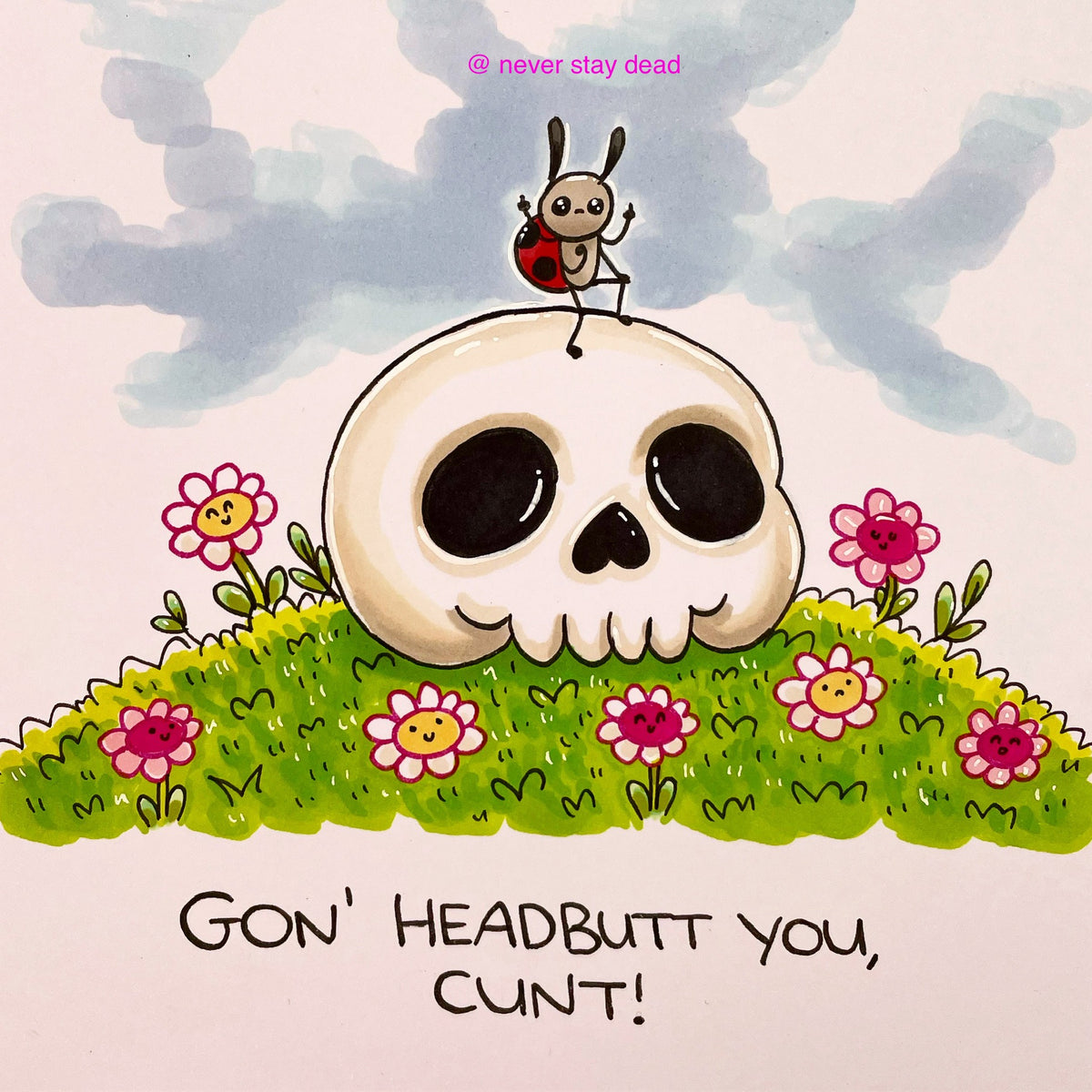 Mini Original ‘Tough Ladybug On A Skull’ Drawing (A5) – Never Stay Dead