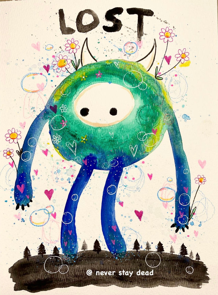 Original ‘Lost Monster’ Mixed Media Painting (A4) – Never Stay Dead