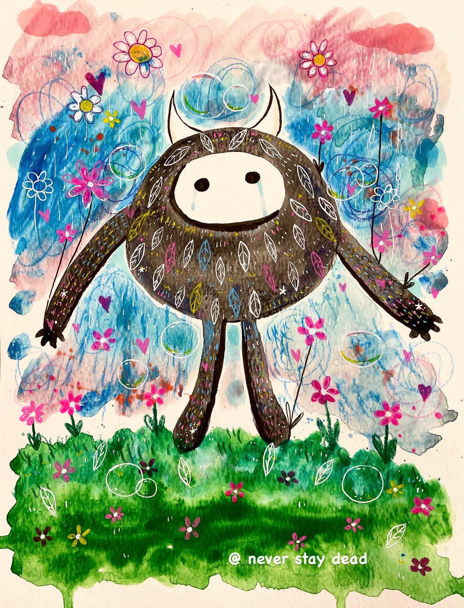 Original ‘Ink & Leaves Monster’ Mixed Media Painting (A4) – Never Stay Dead