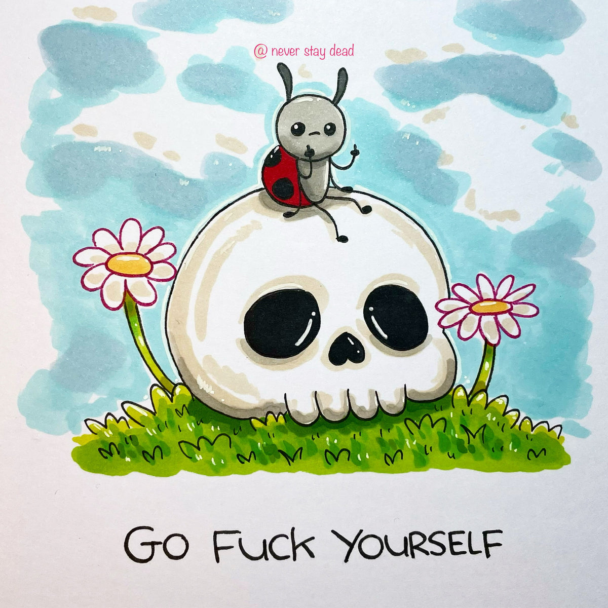 Mini Original ‘Skull & Ladybug’ Drawing (A5) – Never Stay Dead