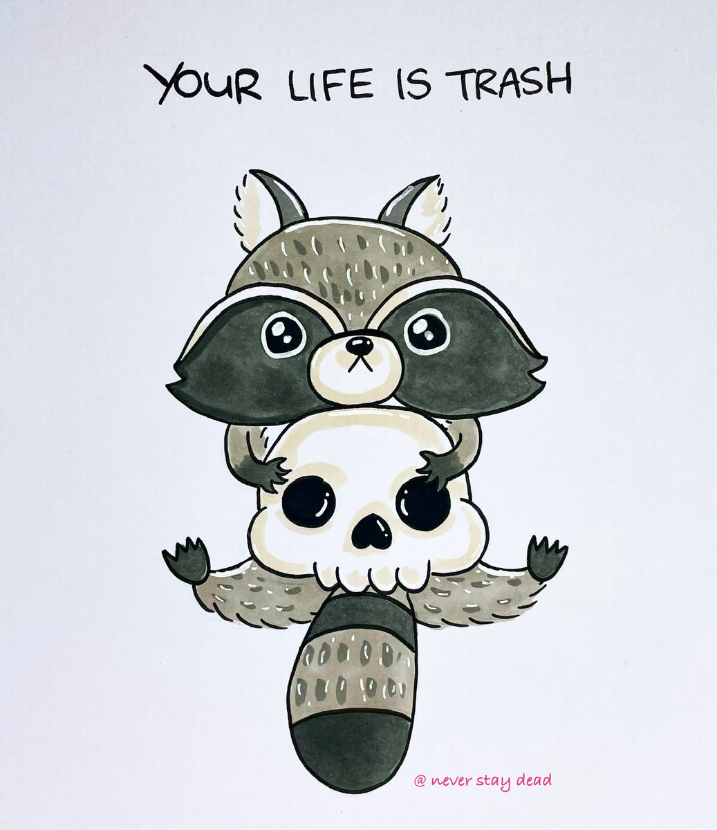 Mini Original ‘Raccoon & Skull’ Doodle (A5) – Never Stay Dead