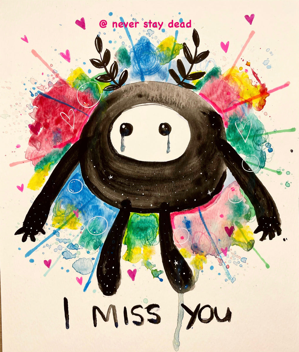 Original ‘Miss You Monster’ Mixed Media Painting (A4) – Never Stay Dead