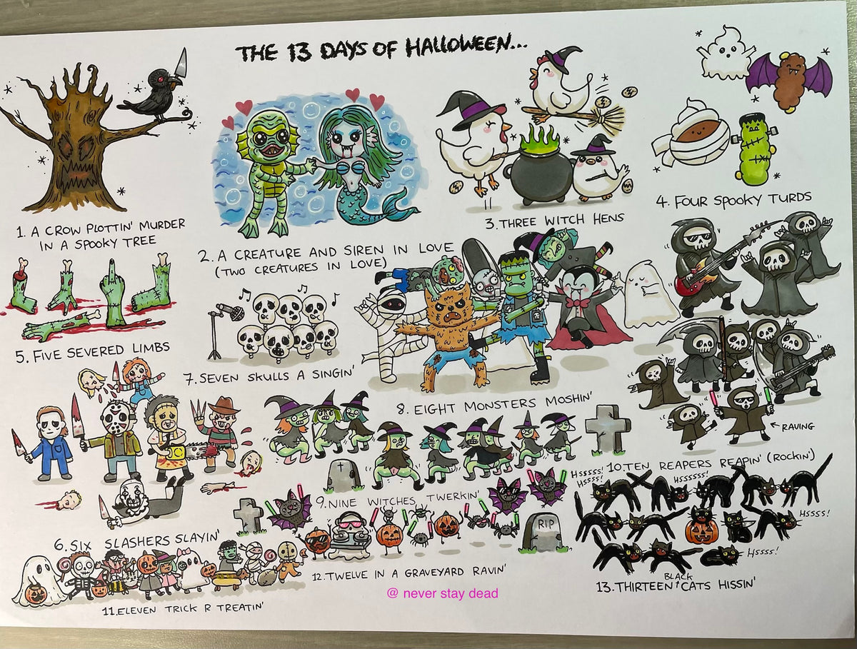 Original ‘13 Days Of Halloween’ Doodle Sheet (A3) – Never Stay Dead