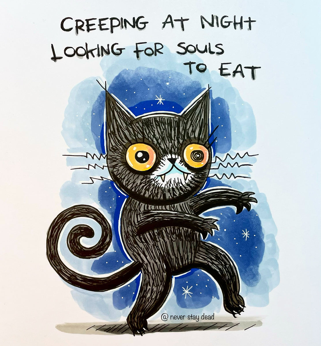 Mini Original ‘Creepy Cat’ Drawing (A5) – Never Stay Dead