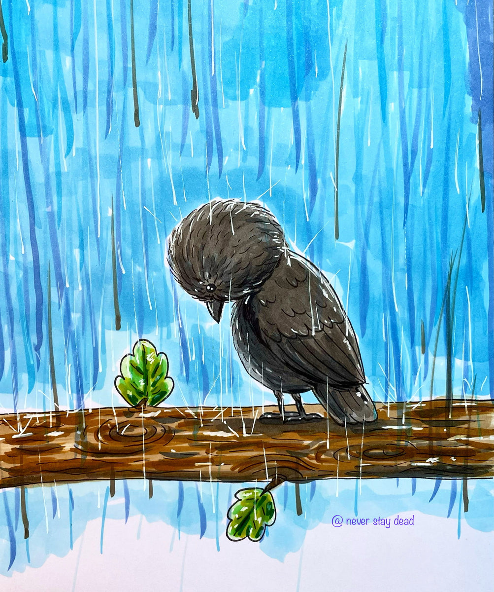Mini Original ‘Sad Bird In The Rain’ Illustration (A5) – Never Stay Dead