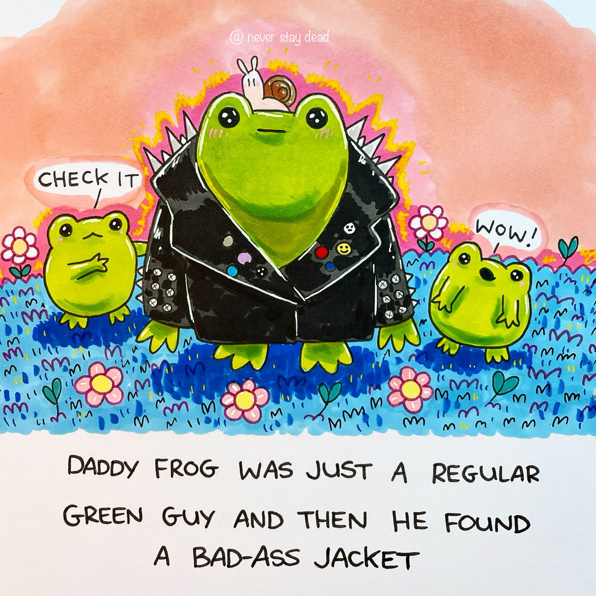 Mini Original ‘Daddy Frog’s Bad-Ass Jacket’ Doodle (A5) – Never Stay Dead
